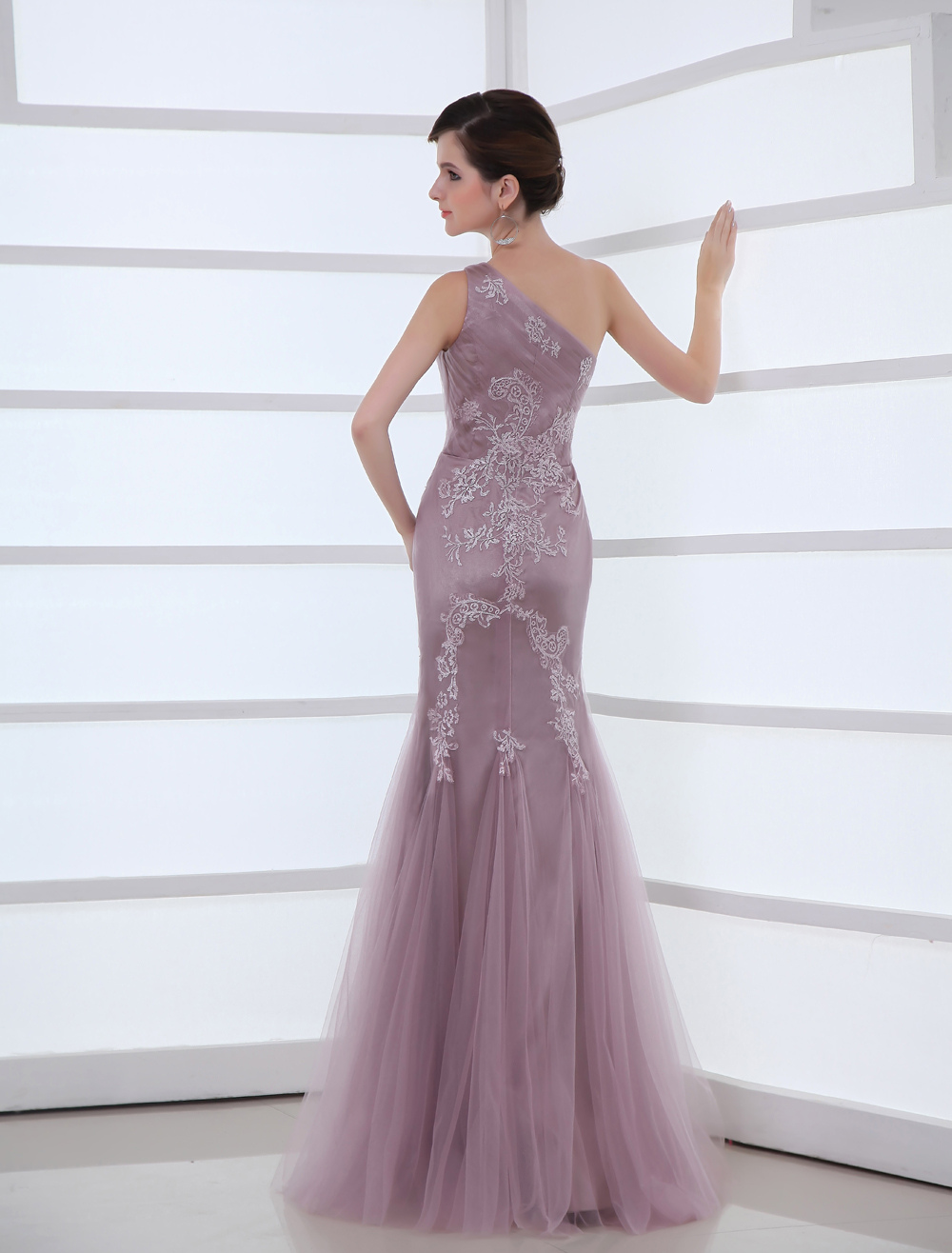 Robe de soirée sirène lilase en gaze à une épaule - Milanoo.com