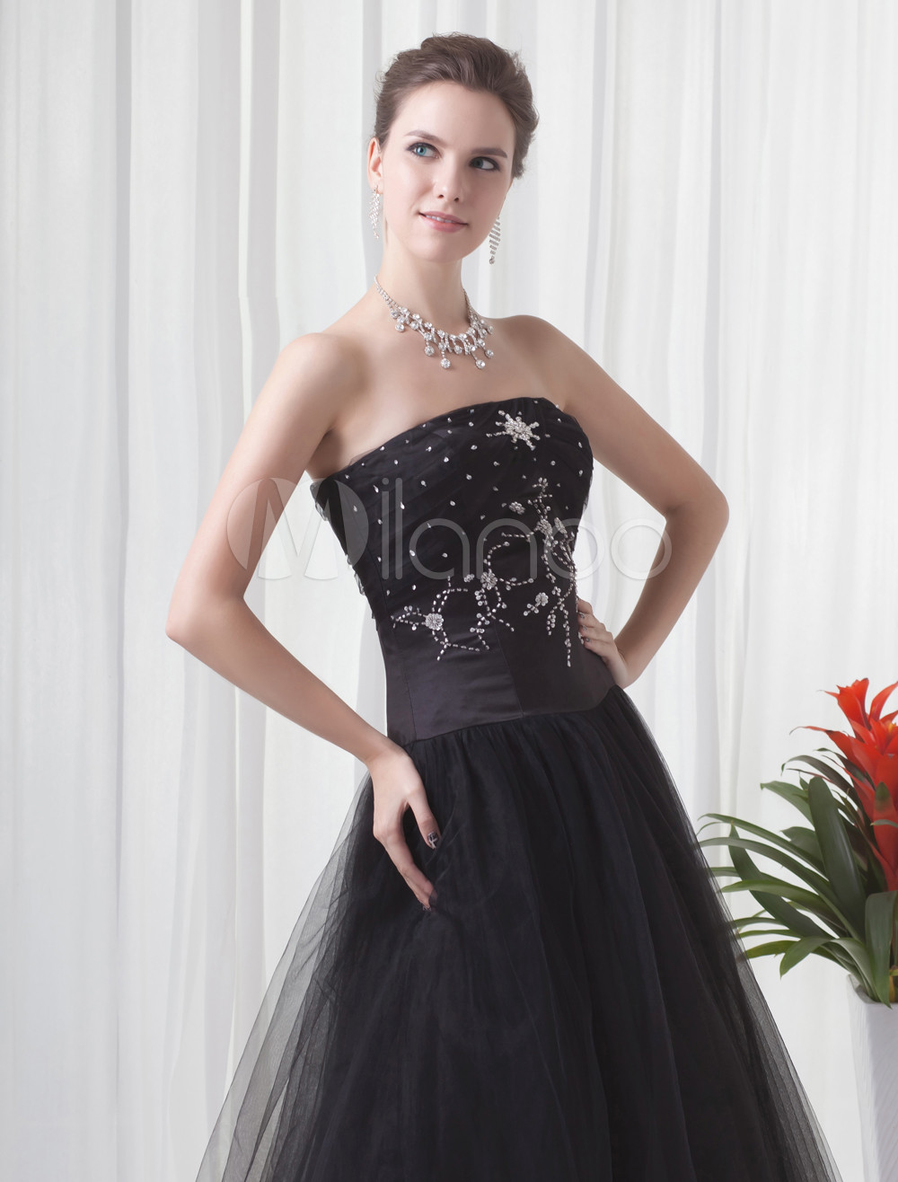 Ball Gown Black Net Beading Strapless Floor-Length Women's Prom Dress ...