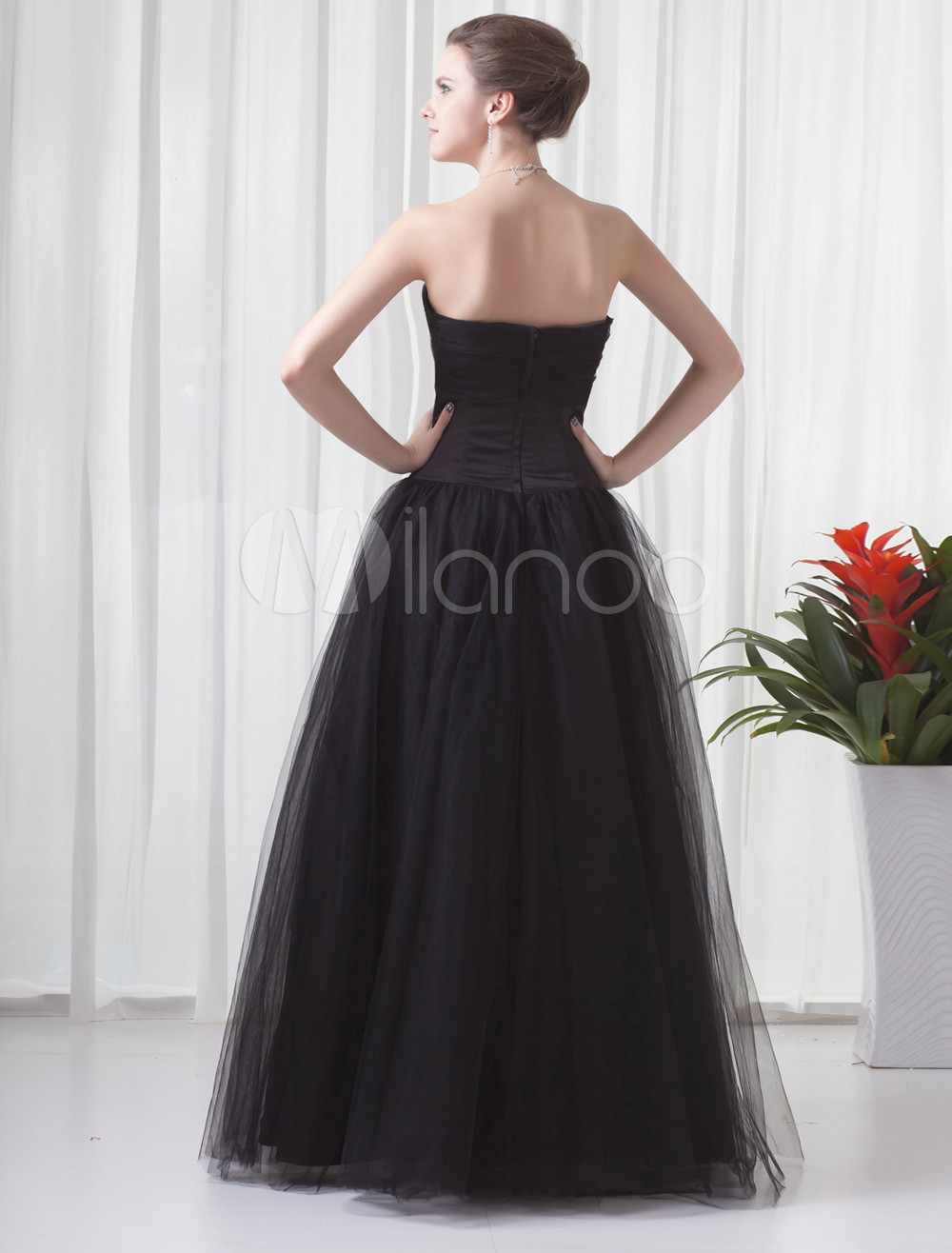 Ball Gown Black Net Beading Strapless Floor-Length Women's Prom Dress ...