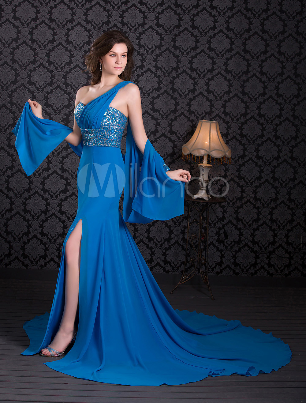 Mermaid Blue Chiffon Sequin Sweetheart Neck Court Train Prom Dress ...