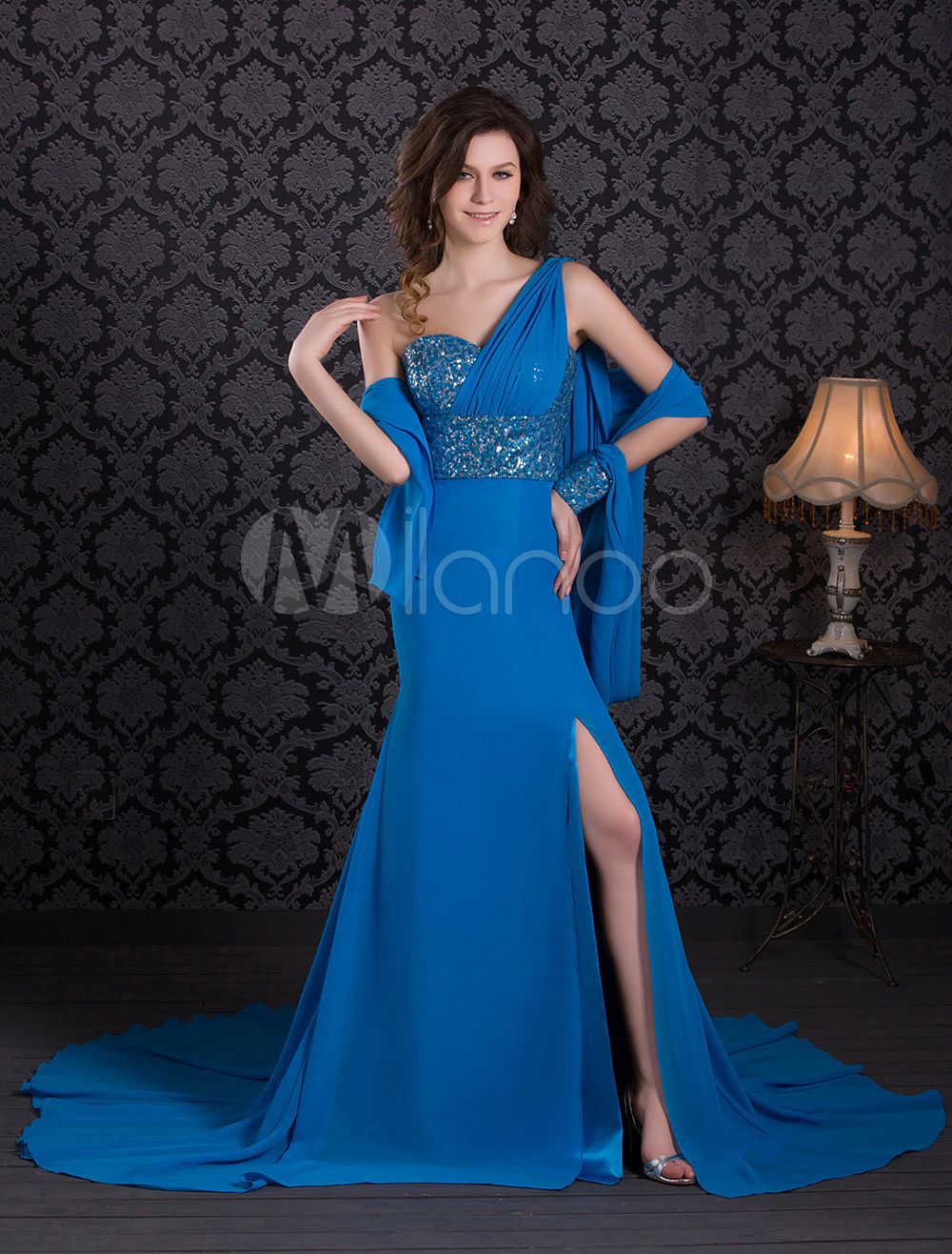Mermaid Blue Chiffon Sequin Sweetheart Neck Court Train Prom Dress ...