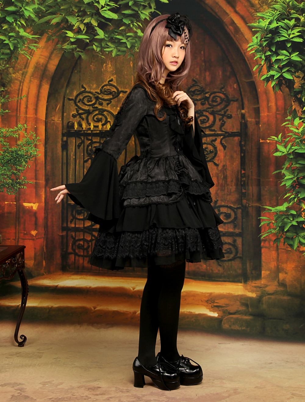 Gothic Black Lolita One Piece Dress Long Hime Sleeves Lace Up Layers ...