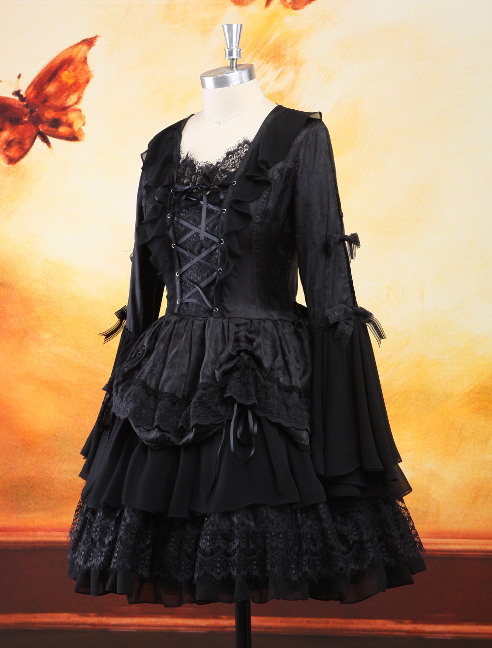 Gothic Black Lolita One Piece Dress Long Hime Sleeves Lace Up Layers ...