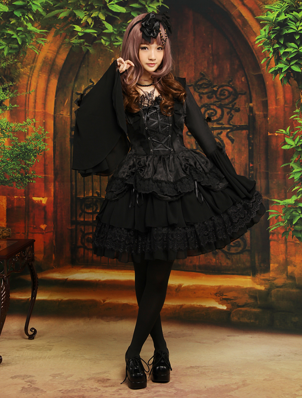 Gothic Black Lolita One Piece Dress Long Hime Sleeves Lace Up Layers ...