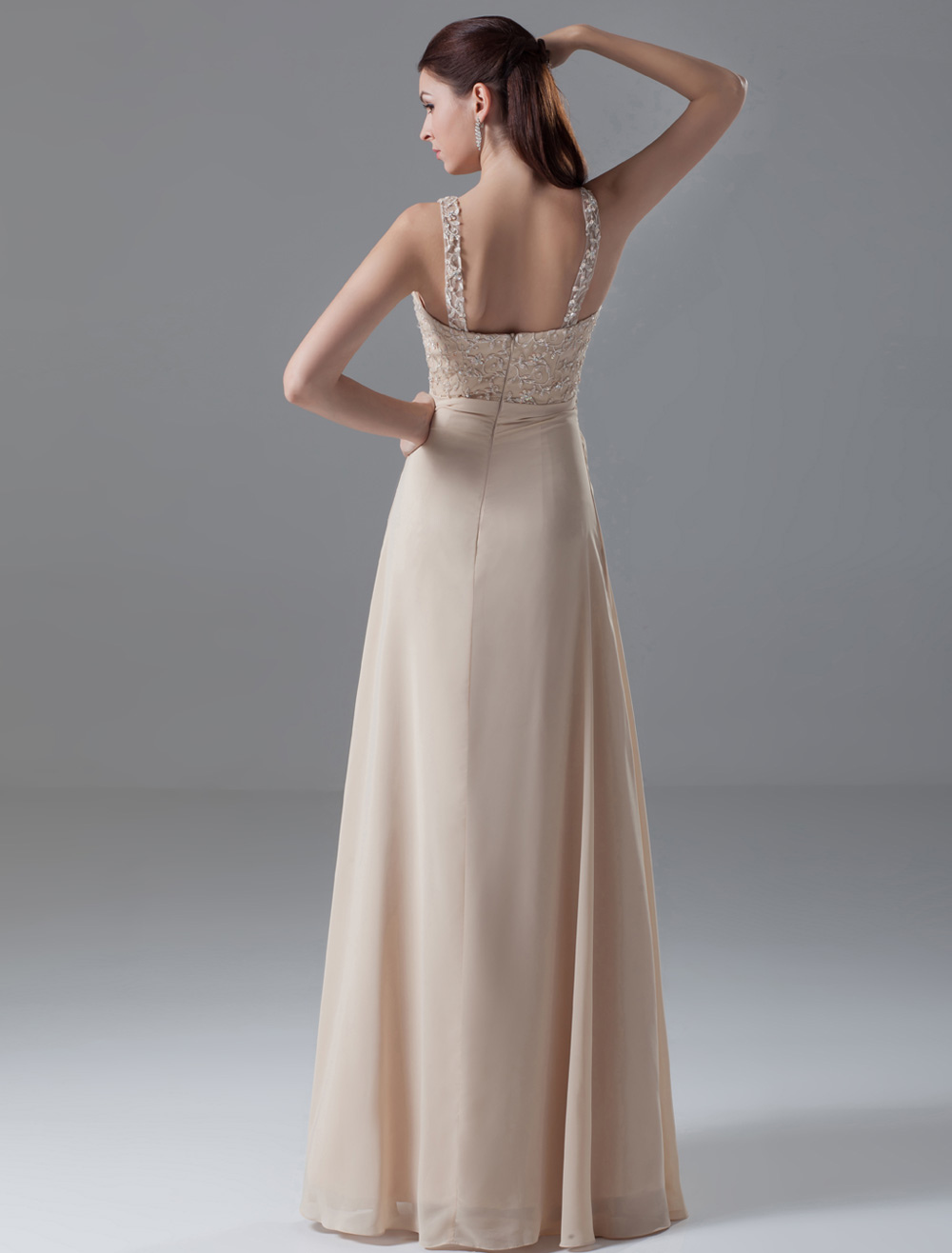Robe charmante de soirée champagne A-ligne en chiffon avec perles col ...
