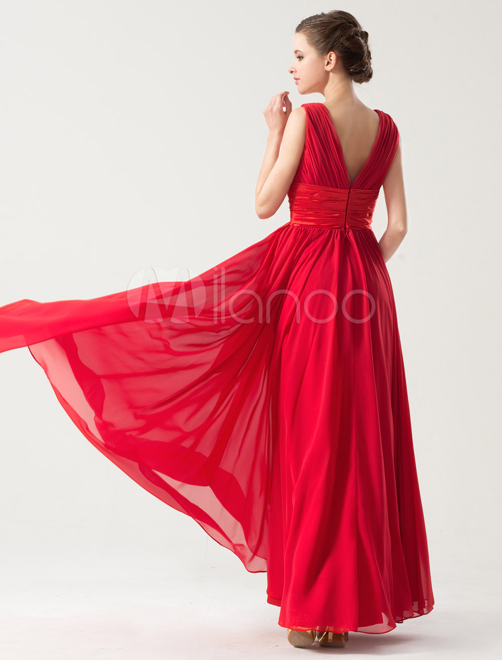 Red V-Neck A-line Sash Chiffon Charming Prom Dress - Milanoo.com