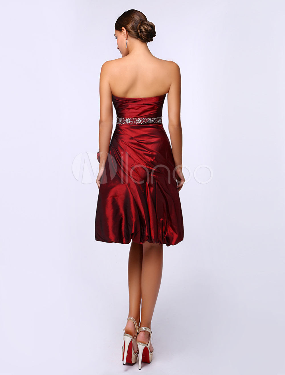 Elegant Burgundy Taffeta Flower Beaded Pleated Cocktail Dress - Milanoo.com