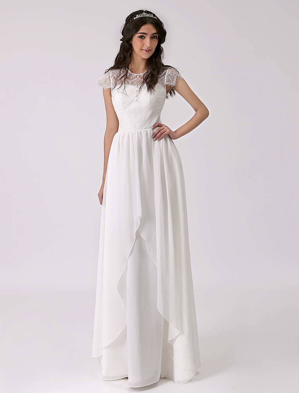 Robe de mariée en chiffon ivoire creusé longueur plancher - Milanoo.com