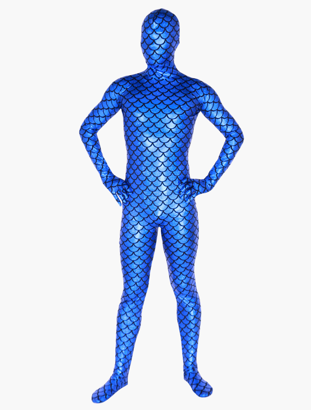 Morph Suit Blue Fish Pattern Zentai Suit Full Body Shiny Metallic ...