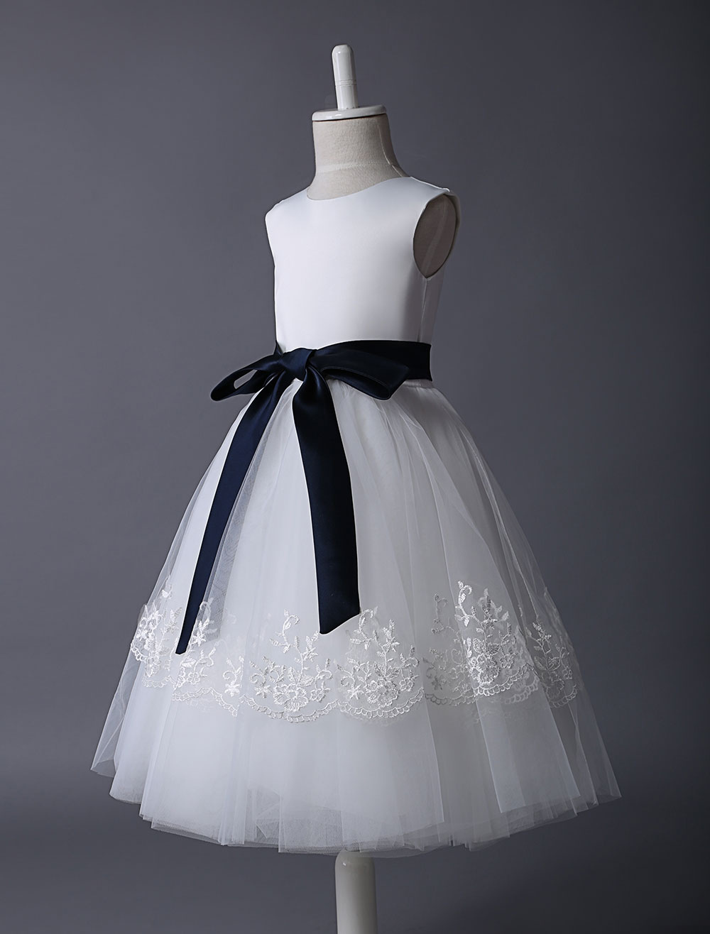 Ivory Tulle Flower Girl Dress With Lace Applique And Navy Blue Sash