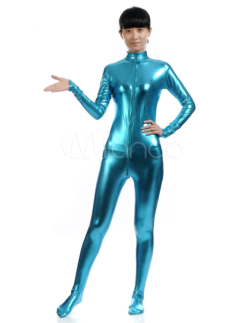 Disfraz Carnaval Azul Cremallera Cosplay Metálico Brillante Zentai