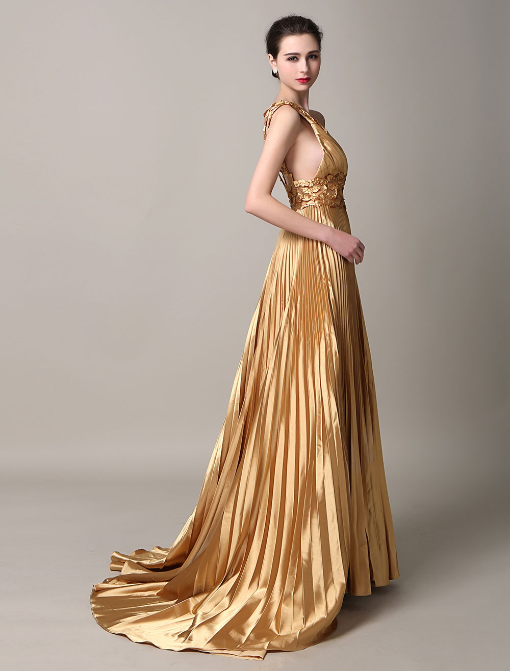 Gold evening dresses One Shoulder formal gowns pleated Sash Satin Prom ...