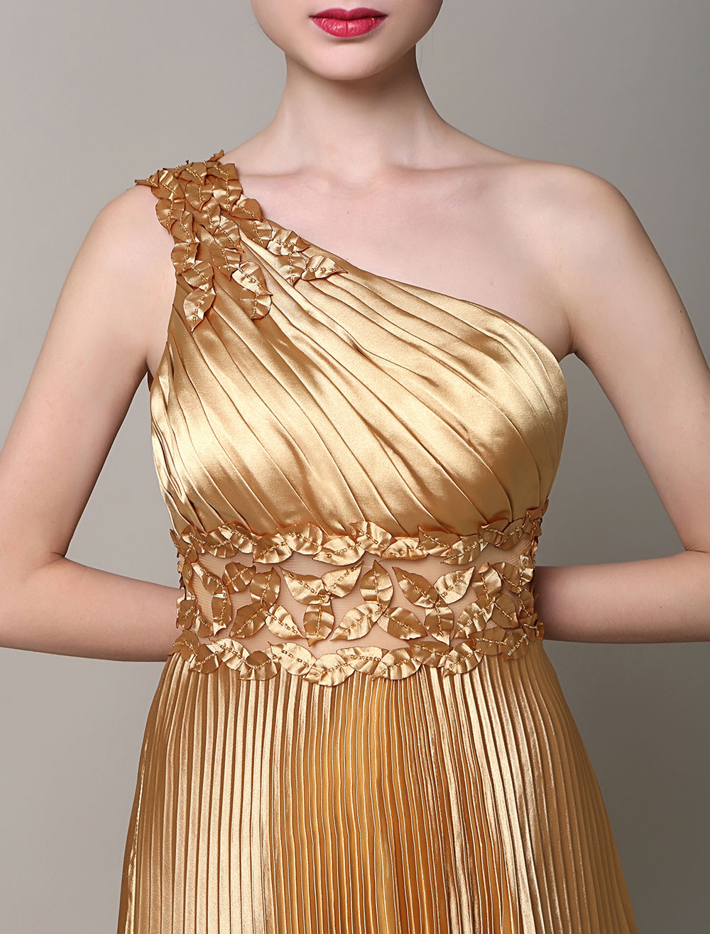 Gold evening dresses One Shoulder formal gowns pleated Sash Satin Prom ...