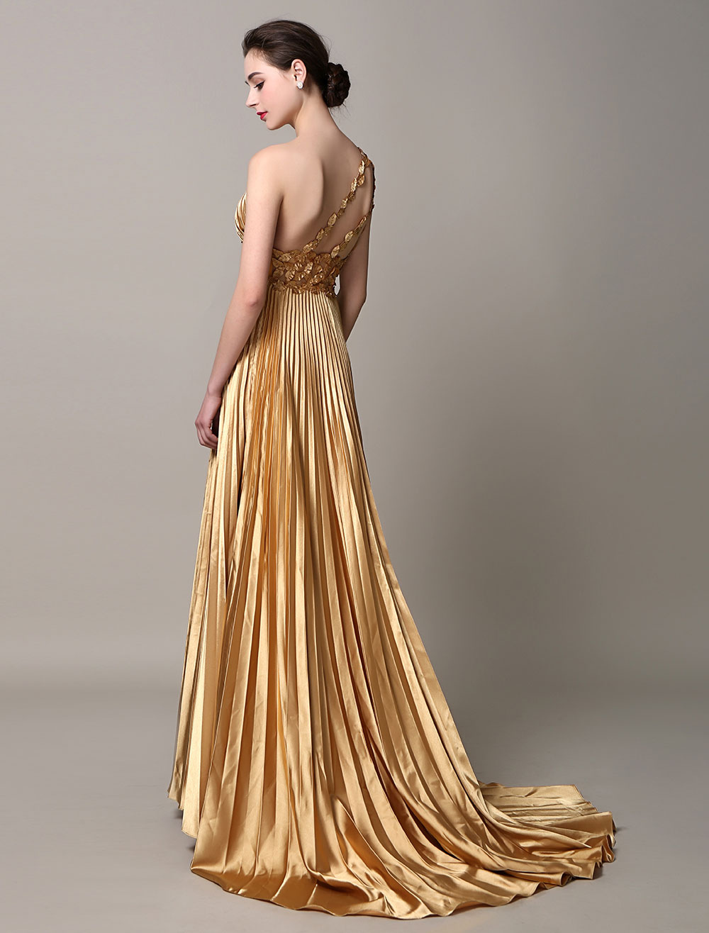 Gold evening dresses One Shoulder formal gowns pleated Sash Satin Prom ...