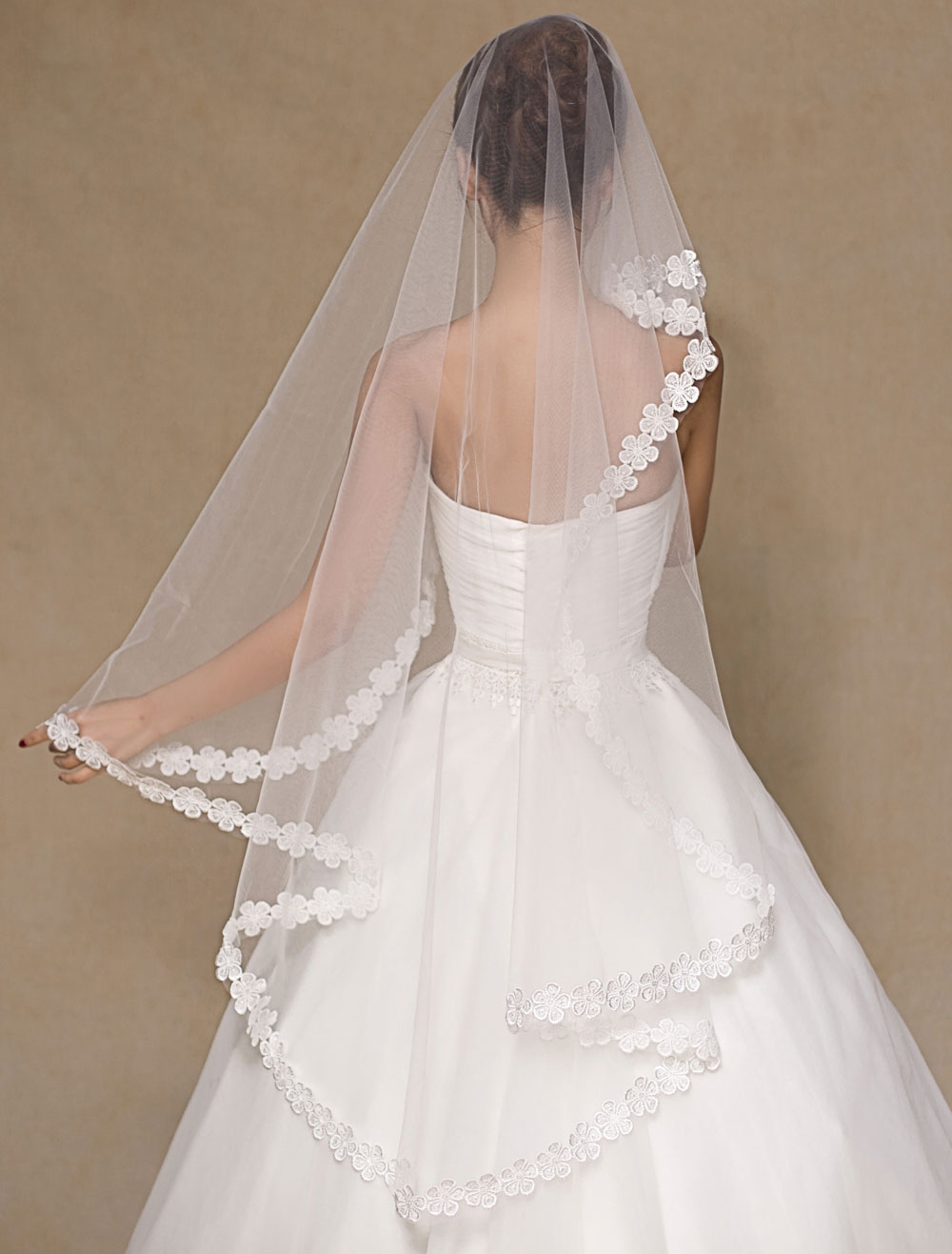 Velo da sposa avorio di pizzo tulle con fiori - Milanoo.com