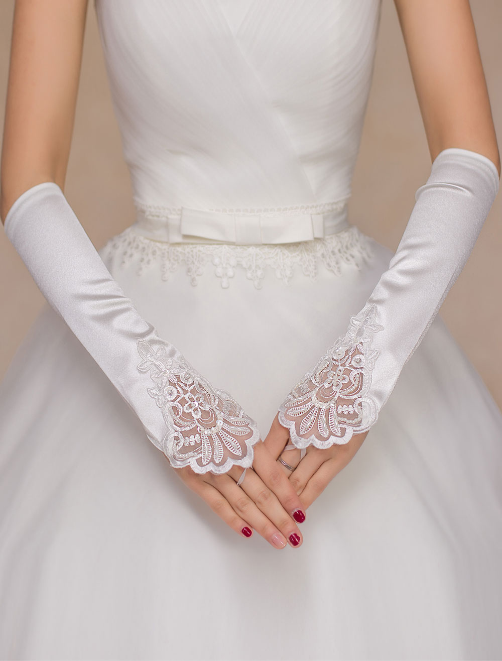 Ivory Wedding Mitten Cut-Out Lace Satin Gloves - Milanoo.com