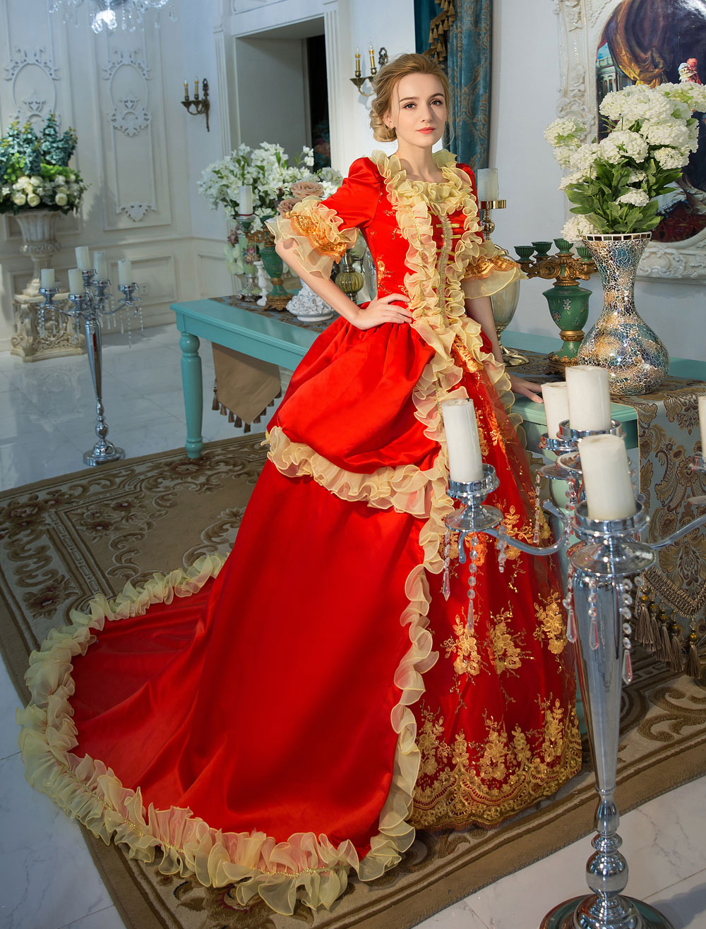 Victorian Dress Costume Red Retro Costume Baroque Embroidered Zipper