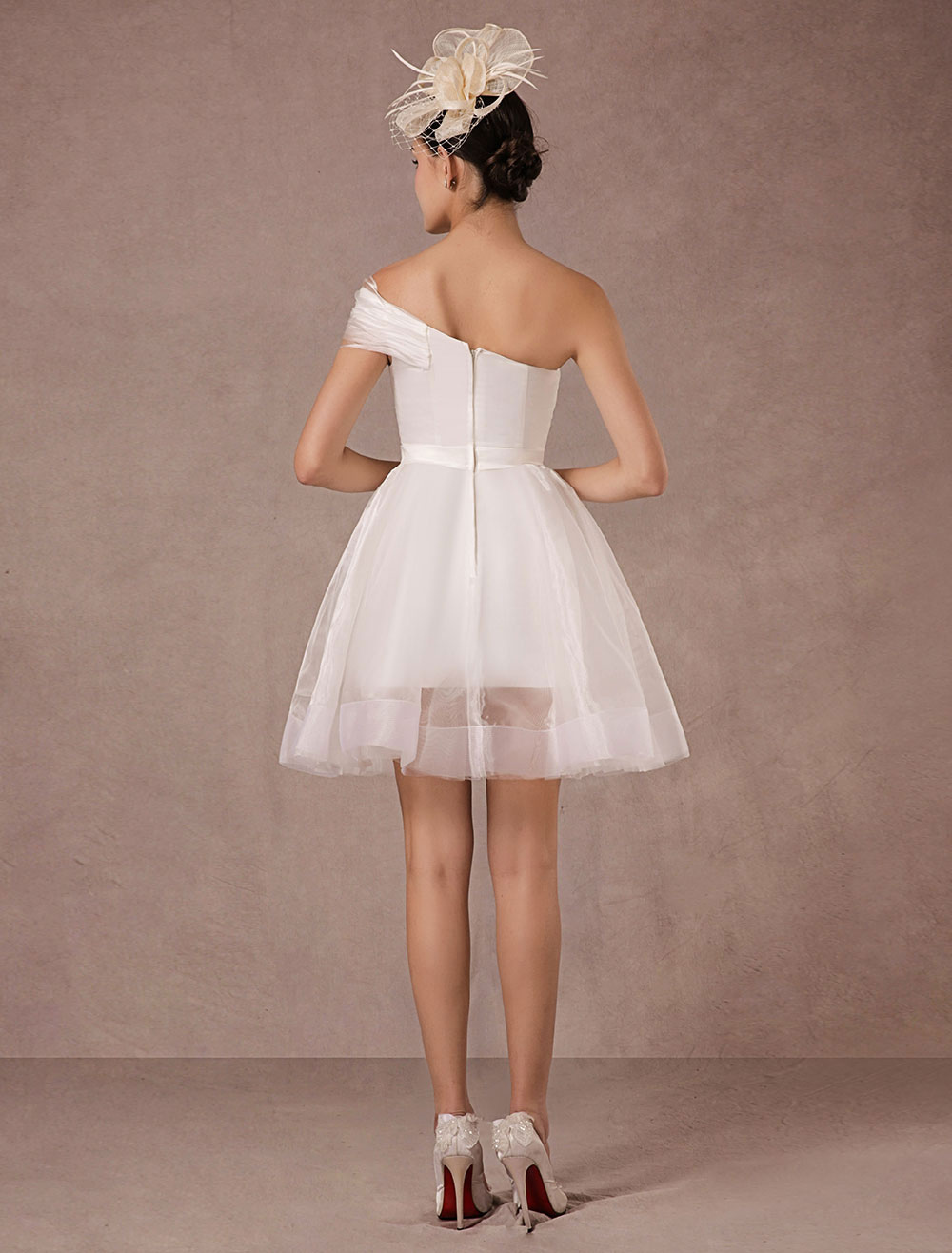 Short Wedding Dress Organza One-Shoulder A-Line Backless Satin Mini ...