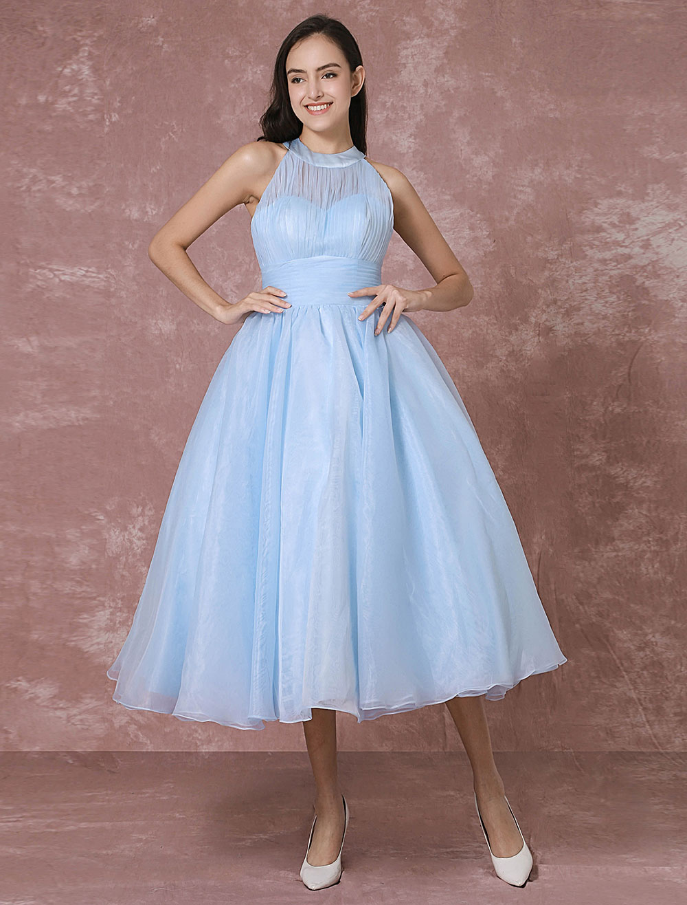 Blue Wedding Dress Short Tulle Vintage Bridal Dress Halter Backless ...