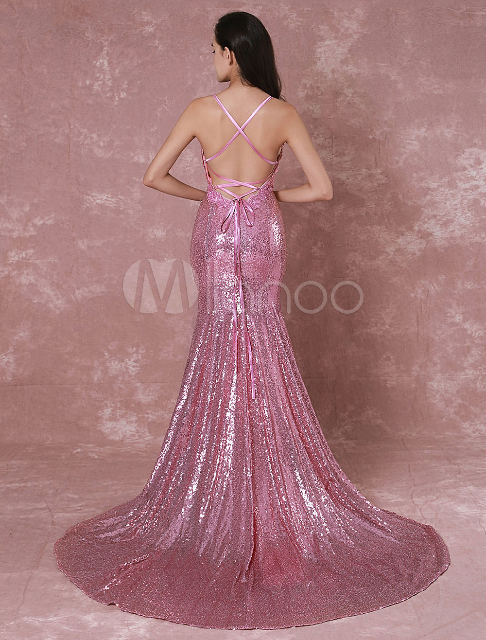 Sequin Evening Dress Mermaid Backless Red Carpet Dress V-neck Lace ...