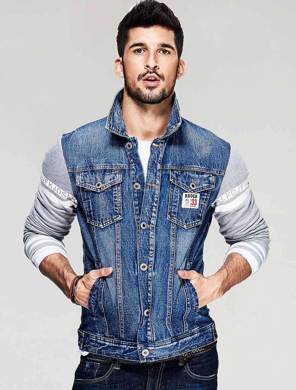 Blue Denim Jacket Men's Long Striped Sleeve Patchwork Casual Short ...