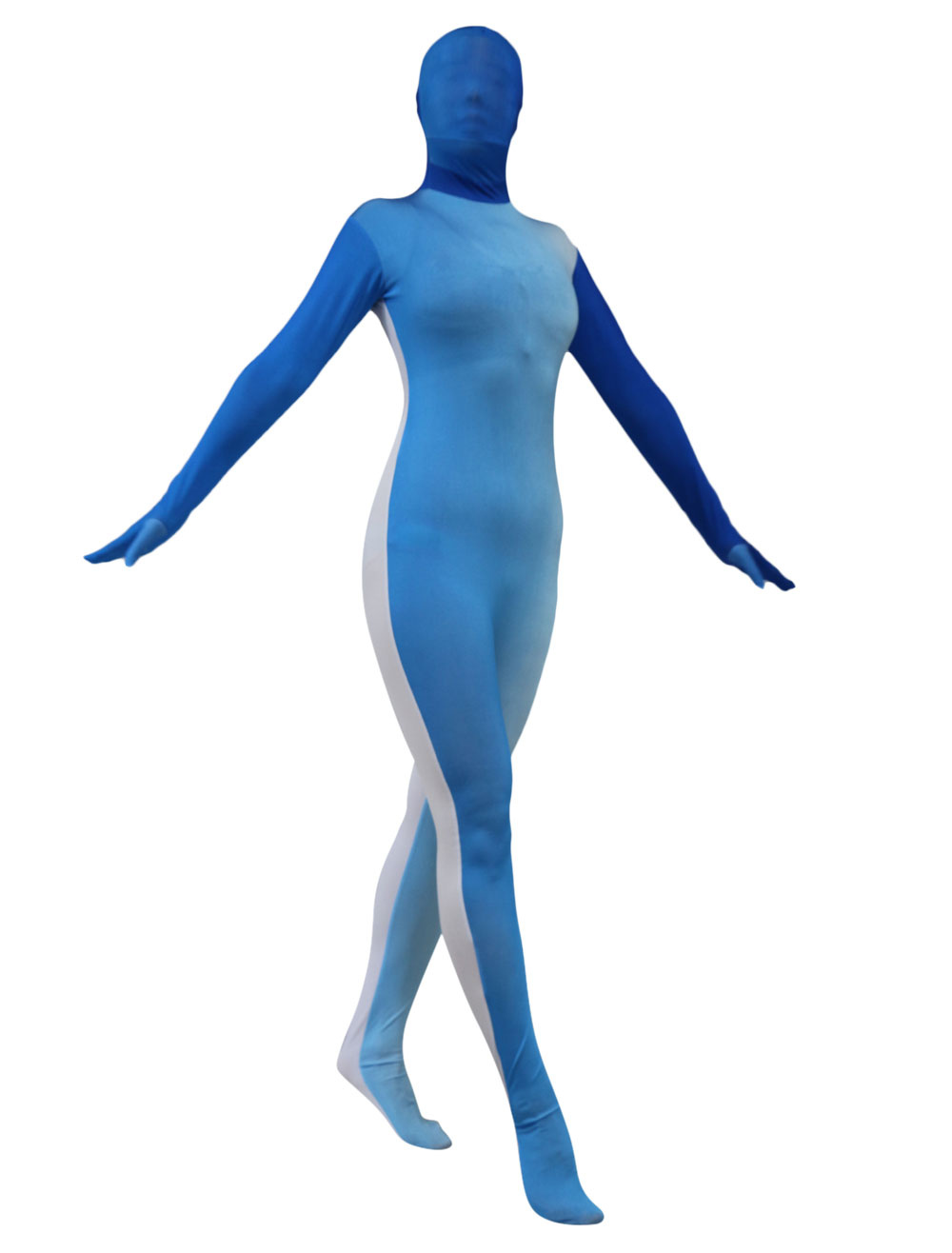 Blue Split Color Zentai Suit Full Body Lycra Spandex Bodysuit For Women