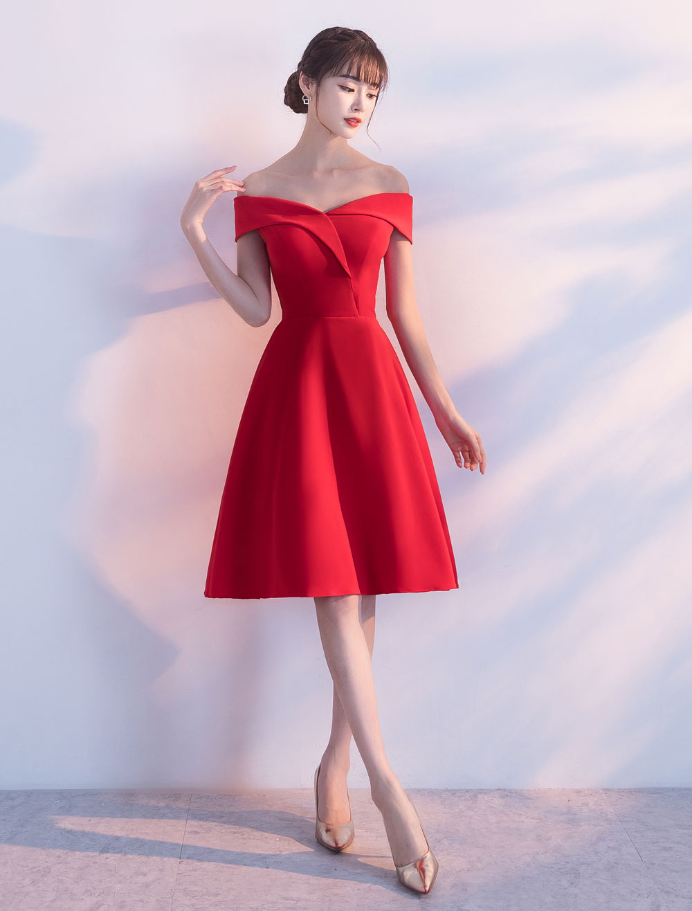 Red Cocktail Dresses Satin Off The Shoulder Short Homecoming Dress A ...