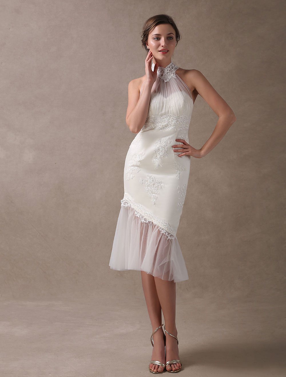 Beach Wedding Dresses Short Mermaid Bridal Dress Halter Open Back Lace ...