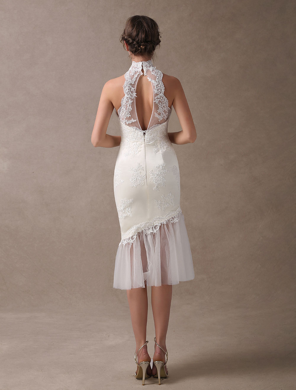 Beach Wedding Dresses Short Mermaid Bridal Dress Halter Open Back Lace ...