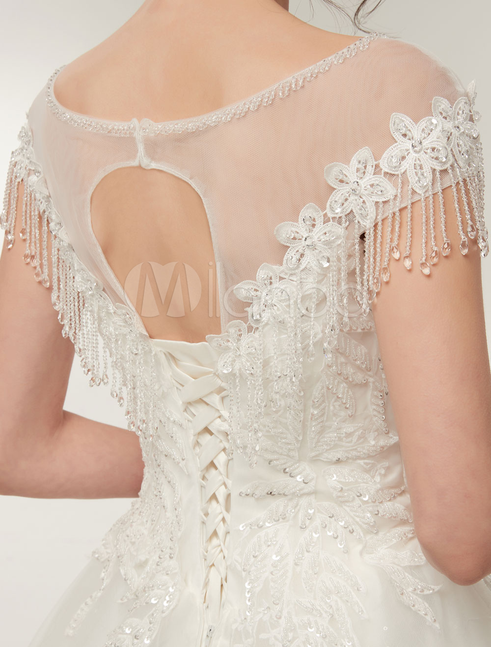 Princess Wedding Dress Ivory Lace Ball Gowns Scoop Neck Keyhole Beading ...