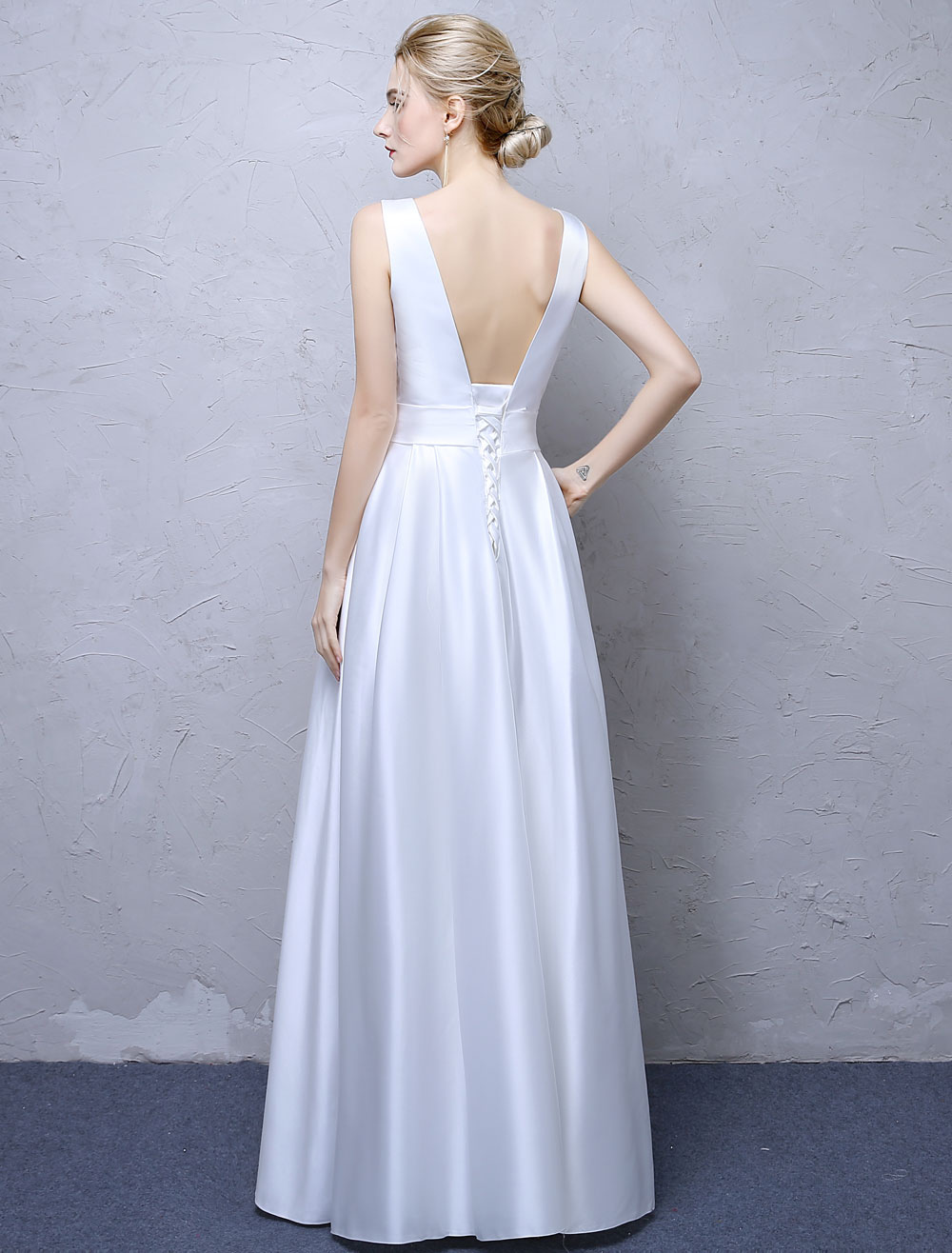 White Prom Dresses Satin Long Formal Dress Notched Neckline Rhinestones ...