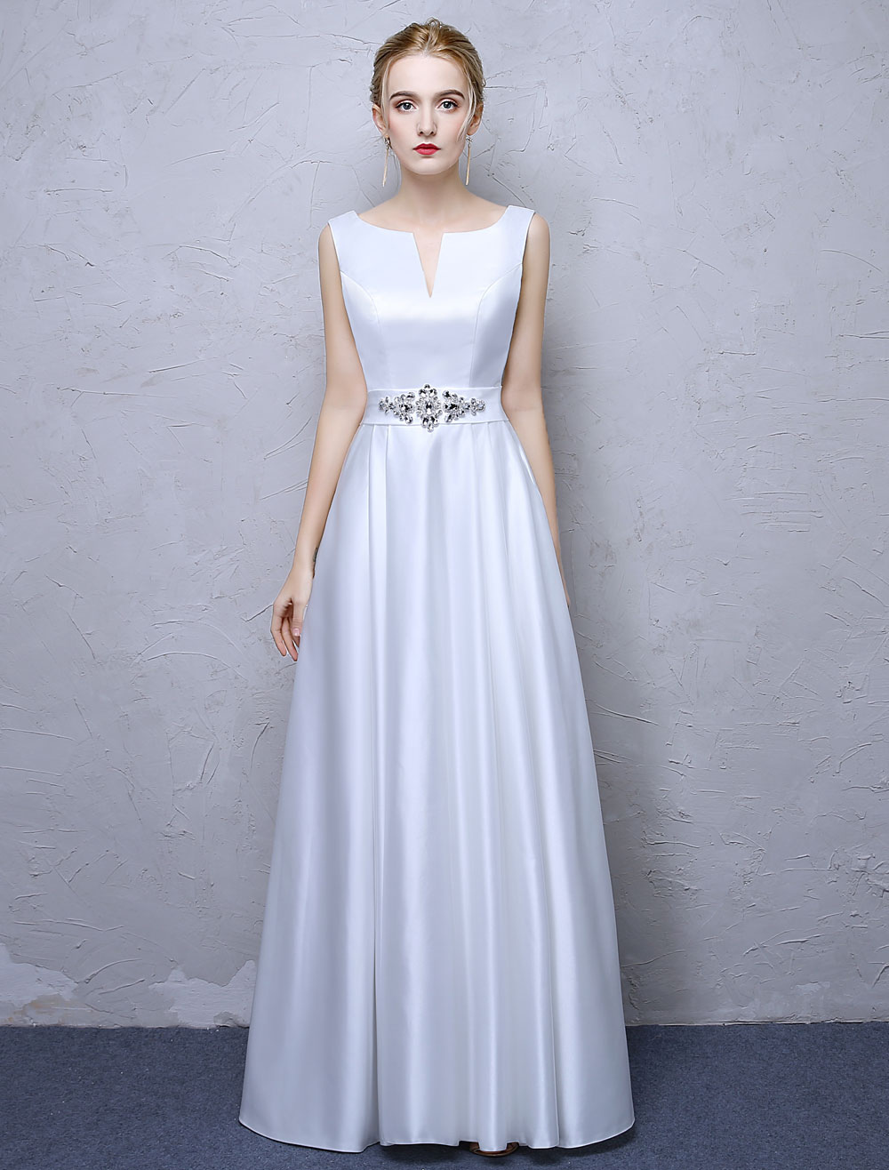 White Prom Dresses Satin Long Formal Dress Notched Neckline Rhinestones ...