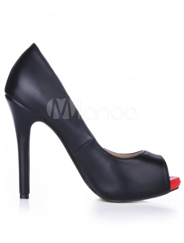 Black Peep Toe Pu Womens Pumps