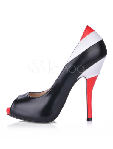 Black Stripe Pattern Peep Toe Pu Womens Pumps