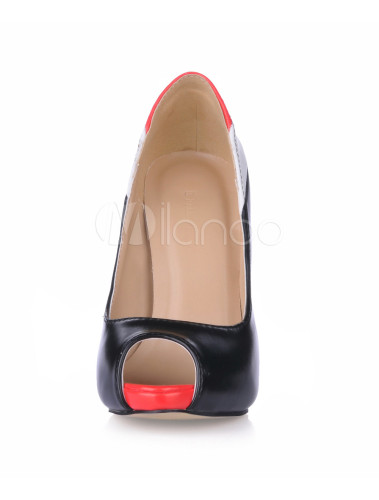 Black Stripe Pattern Peep Toe Pu Womens Pumps