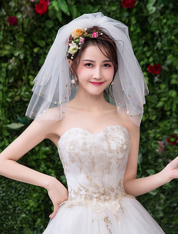 Veli da sposa Short Three Tier Paillettes Stars Tulle Cut Edge Veli da ...