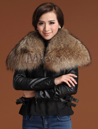 Noble Black Sheepskin Raccoon Fur Collar Womens Fur Jacket