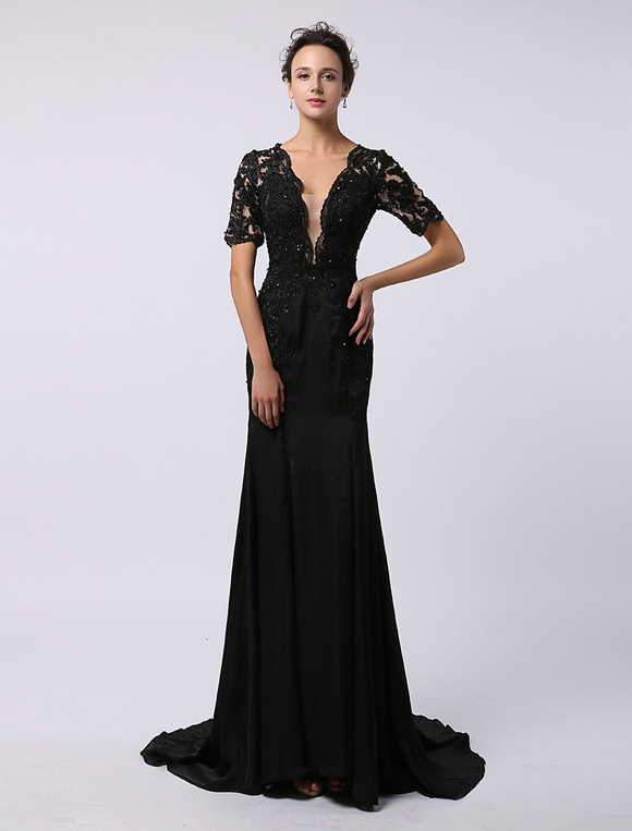 Schwarzes Abendkleid Lang Mit Spitze Und Kurzer rmel Milanoo Milanoo
