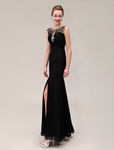 Robe de soirée sirène en chiffon noir avec perles à col bateau Robes ...