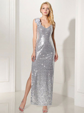 Robe de soirée en argent paillettes 2 pièces mère robe gaine split v ...