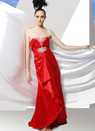 Beautiful Red Sheath Strapless Beaded Satin Evening Dress - Milanoo.com