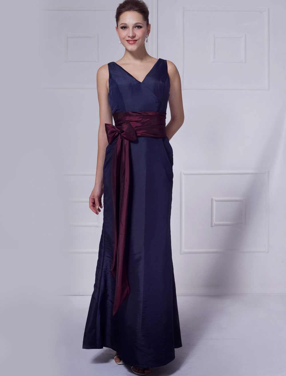 Gorgeous V-Neck Sash Taffeta Evening Dress - Milanoo.com