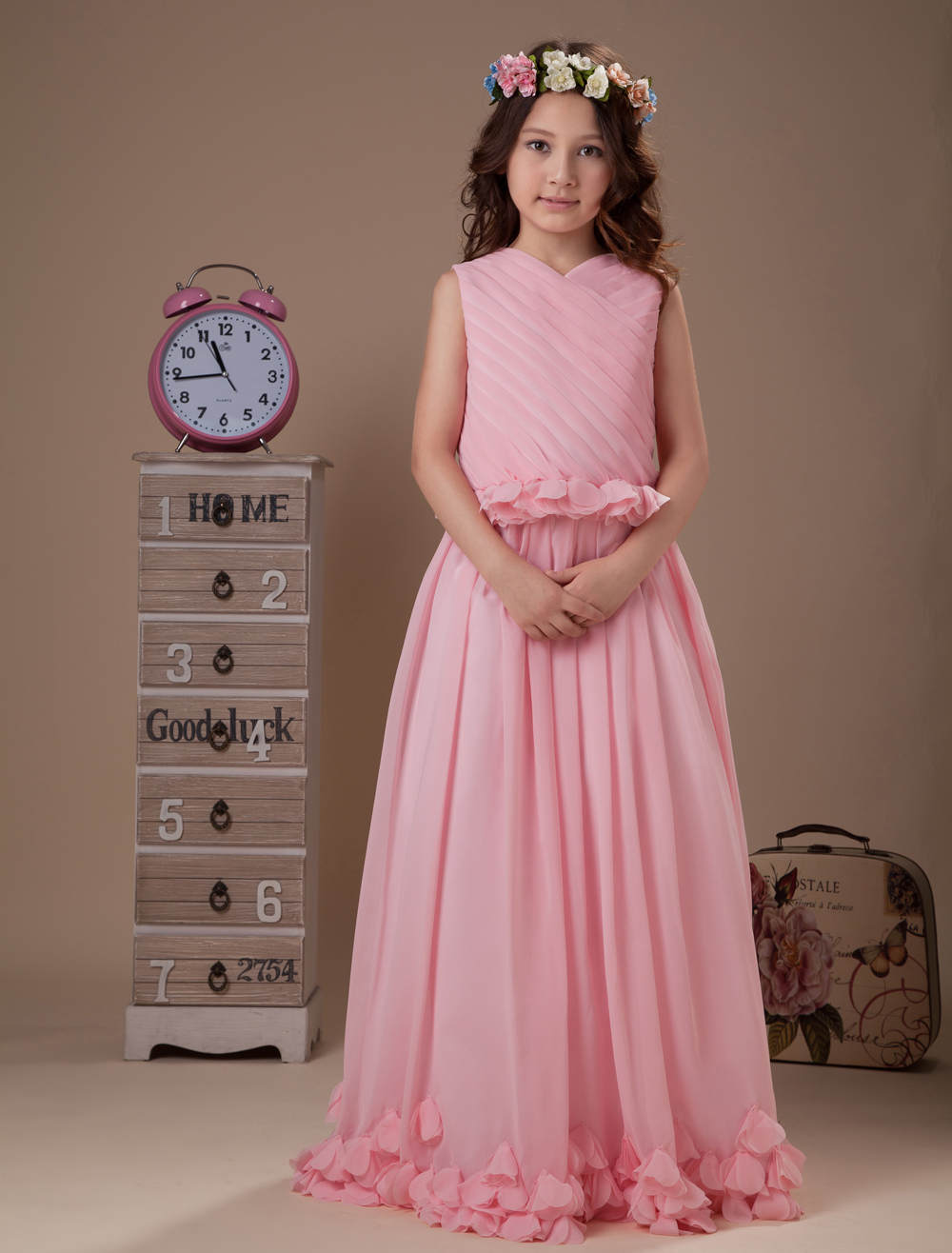 Lovely Pink Sleeveless V Neck Chiffon Flower Girl Dress