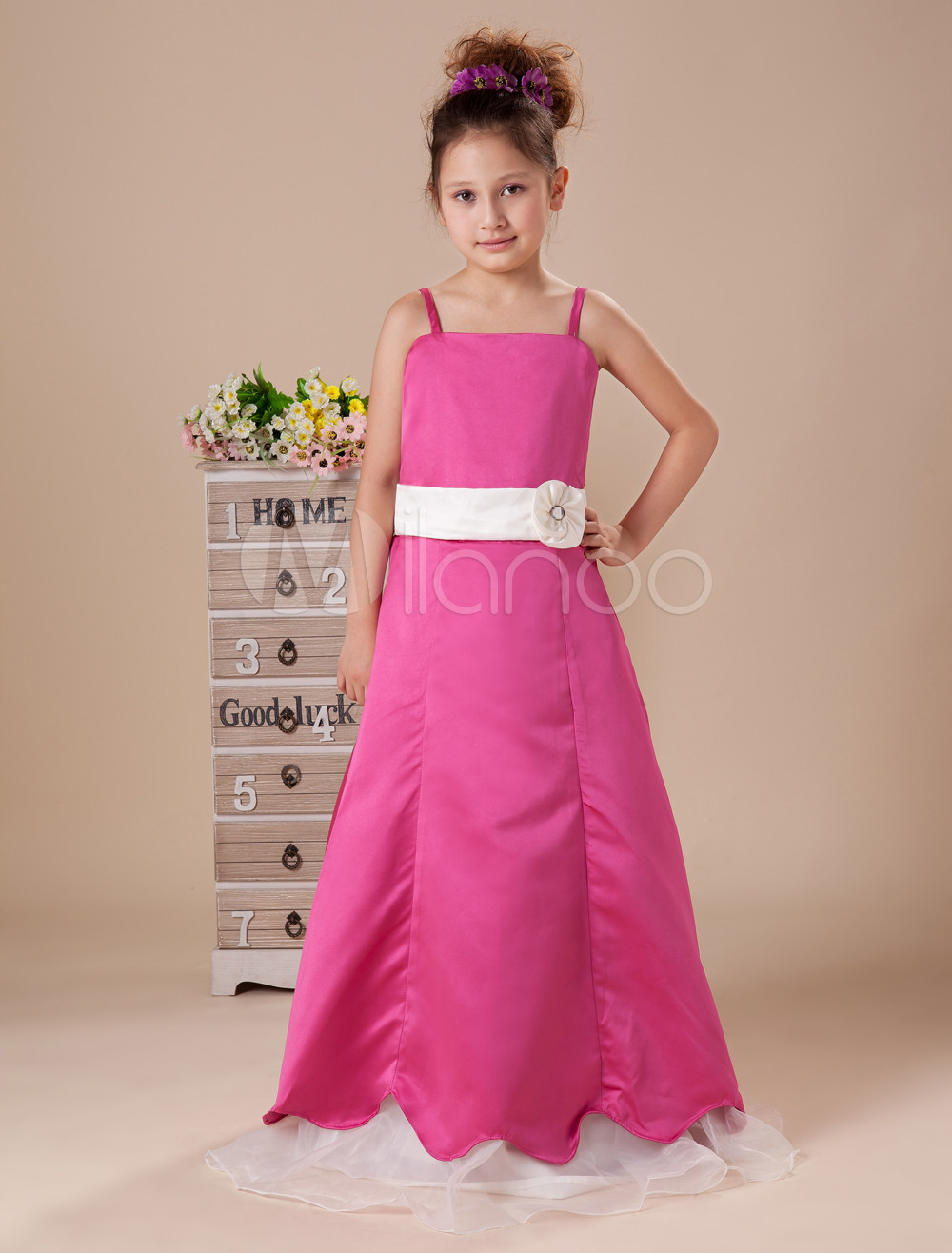 Robe sweet de fille de fleurs A-ligne rose en satin à fines bretelles ...