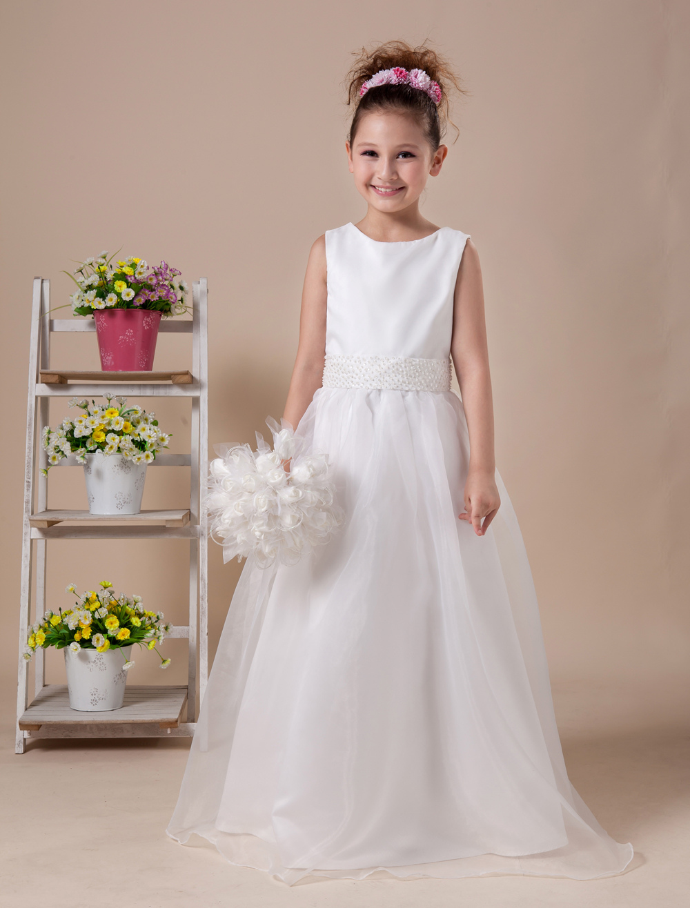 Sleeveless Satin Organza Paillette Flower Girl Dress