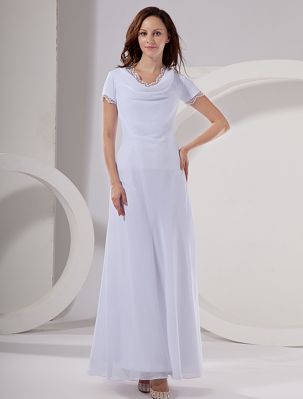 White Chiffon V Neck Short Sleeve Ladies Evening Dress