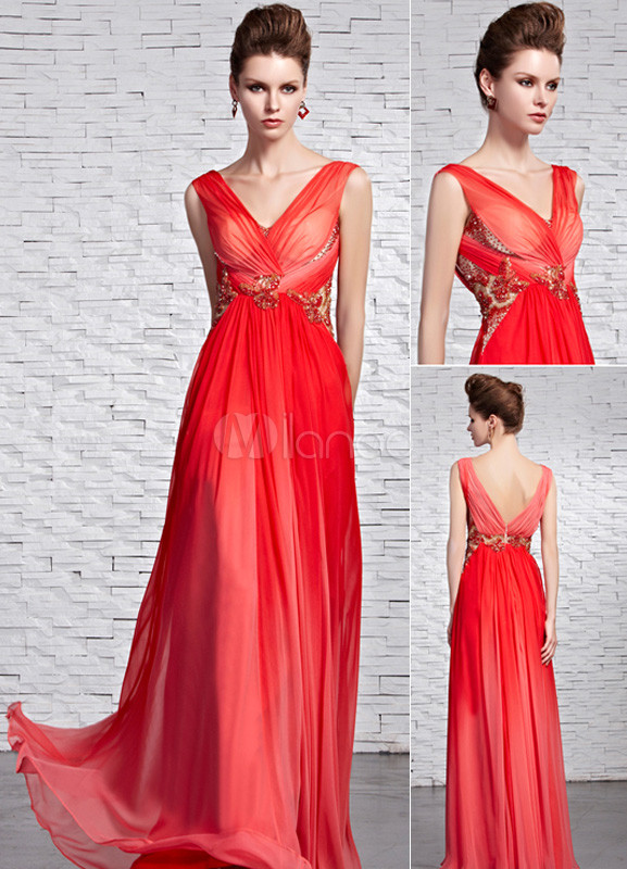 Beautiful Red Silk Beading V-Neck Women's Evening Dress - Milanoo.com