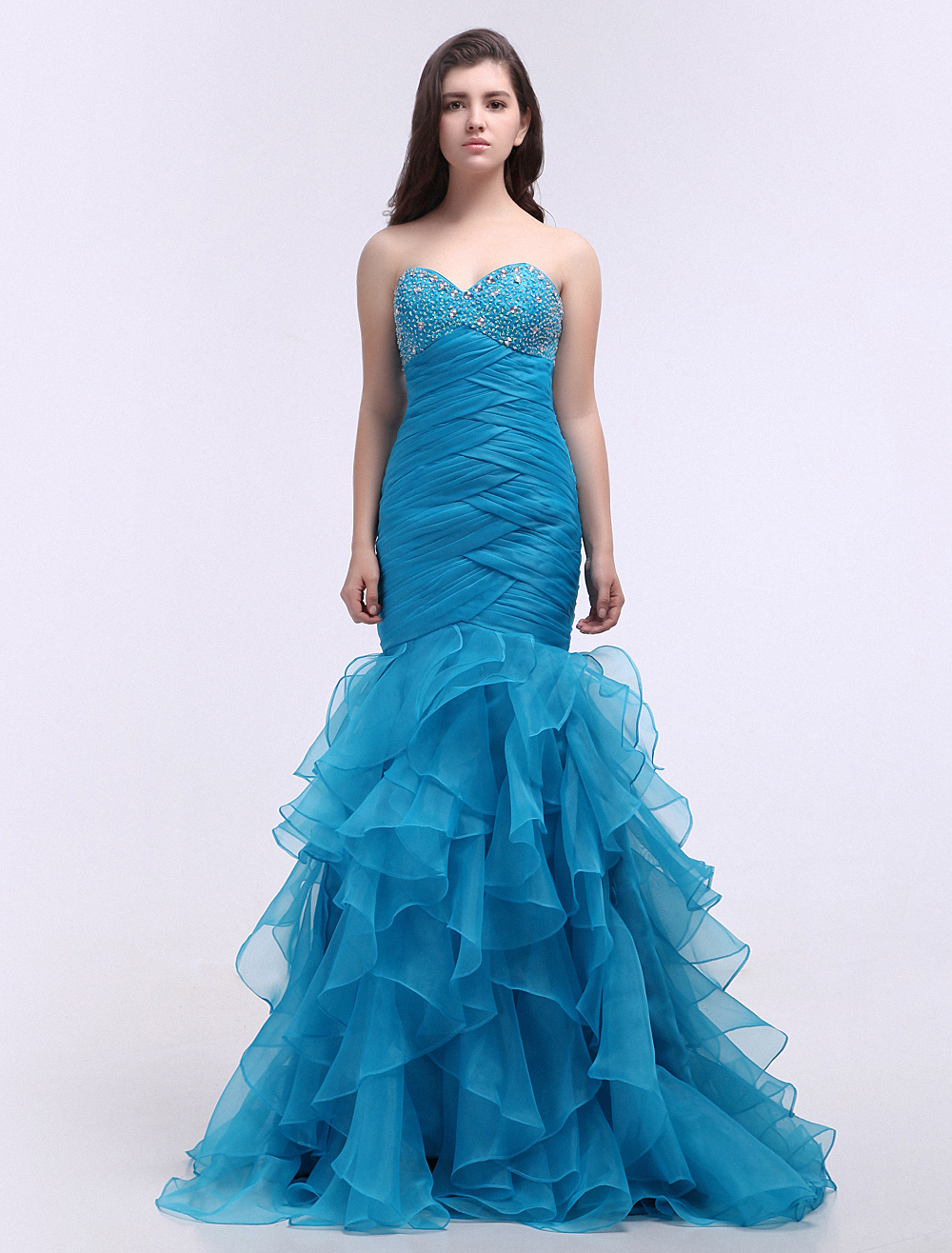 Mermaid Prom Dress Cyan Sweetheart Ruffle Beading Party Dress With ...