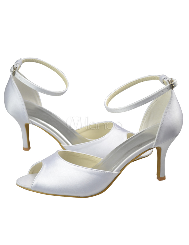White 3 1 10 Heel Peep Toe Ankle Strap Satin Wedding Shoes