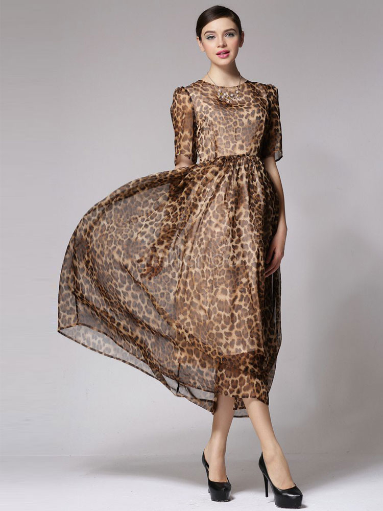 Vestido Largo De Seda Elástica Con Estampado De Leopardo